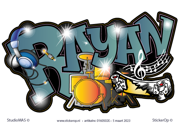 Muursticker graffiti met skateboard en drumstel - Rayan