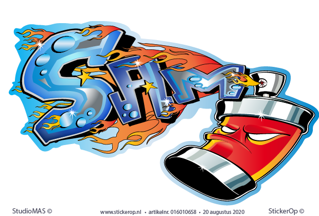 Muursticker graffiti met vlammende spuitbus en eigen naam